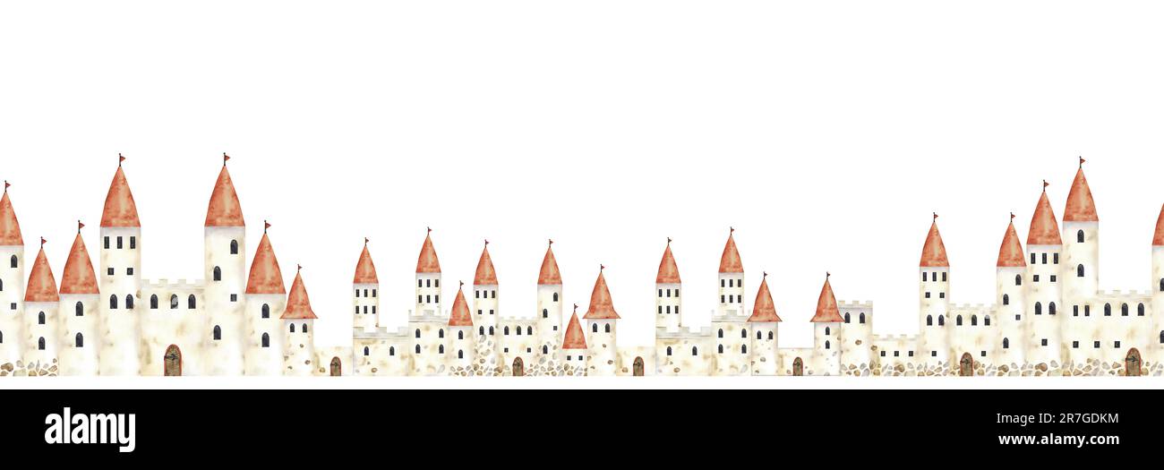 Seamless border medieval childish castle watercolor hand drawn ...