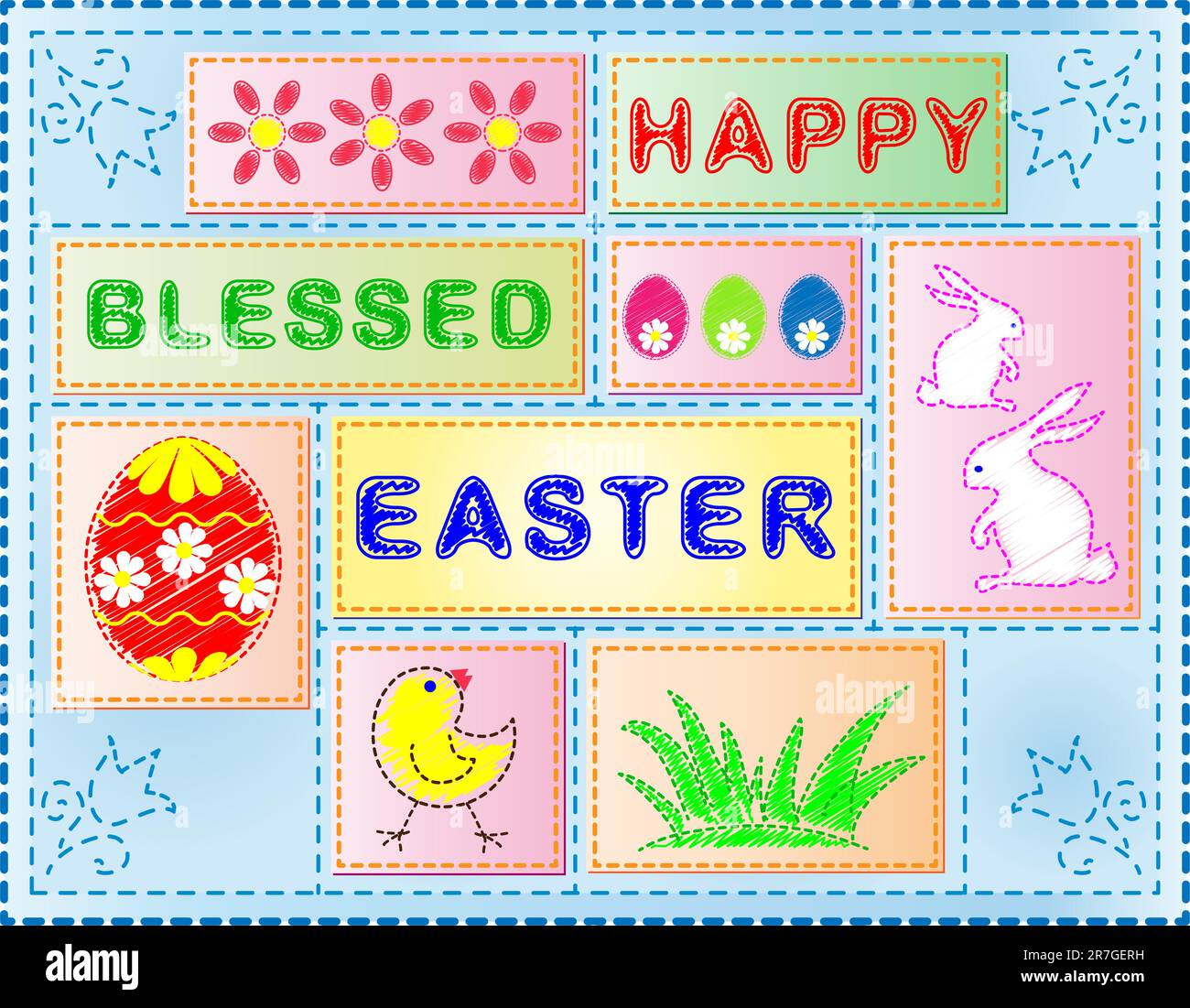 Easter illustration of patchwork embroidered with lots of Easter ...
