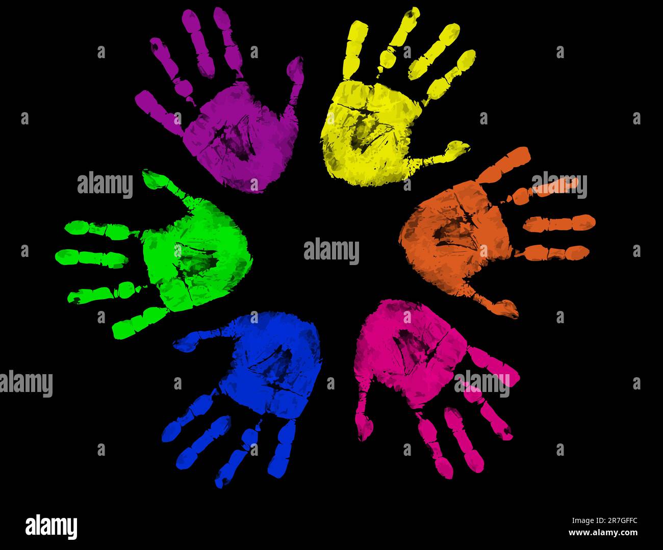 Set of colorful hand prints isolated on black background Stock Vector ...