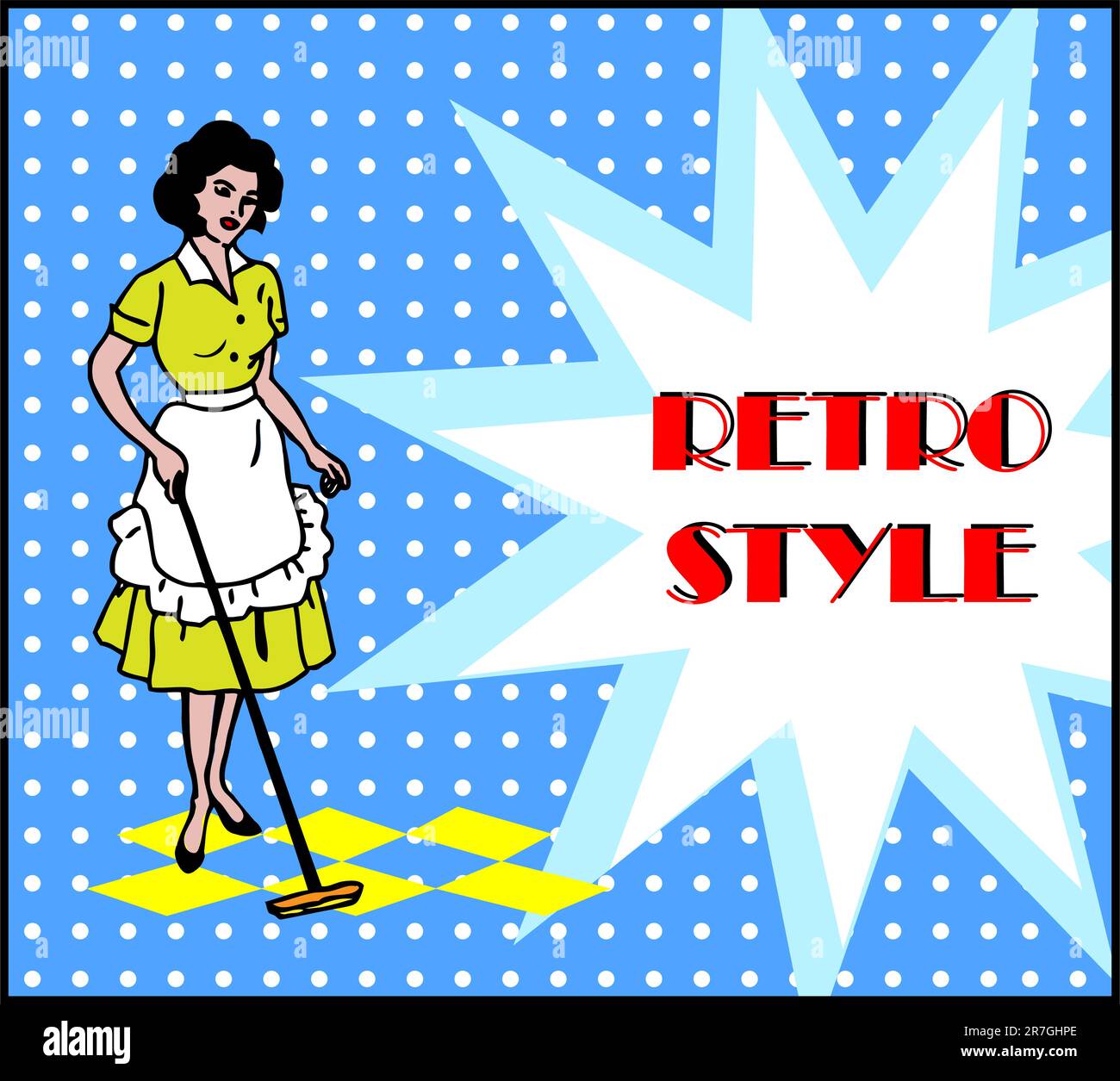 Woman Cleaning Floor in retro vintage style card background Stock ...