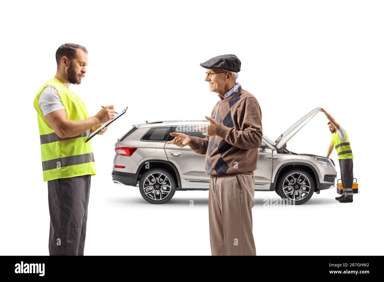 Elderly man talking about a car problem with a road assistance worker ...