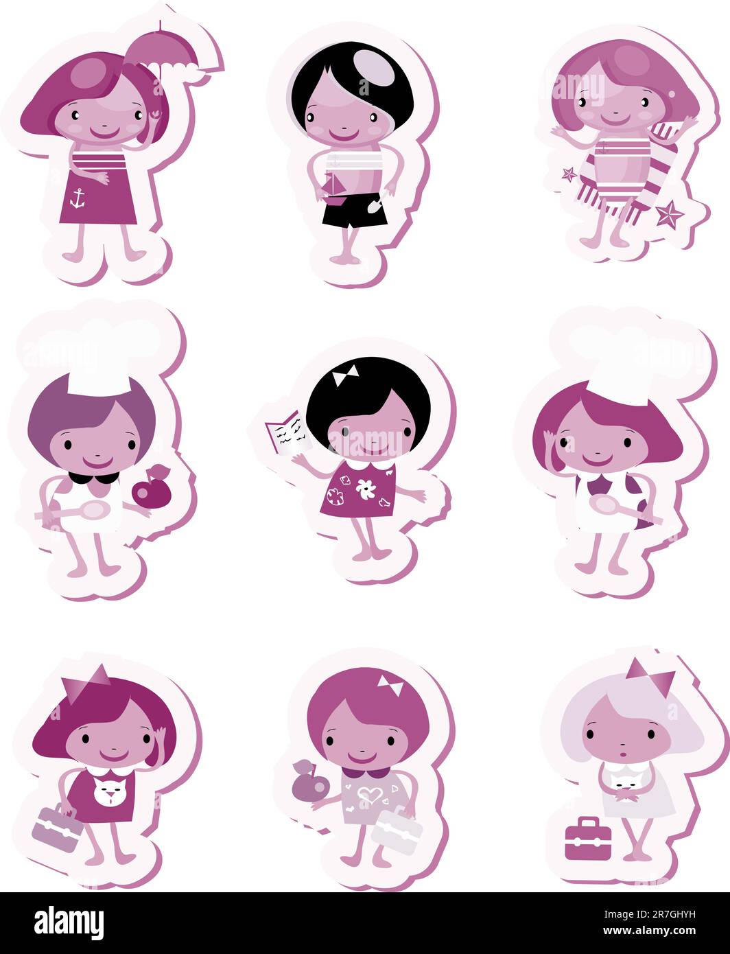 Happy kids icons sticker set cook study relax play purple fake paper ...