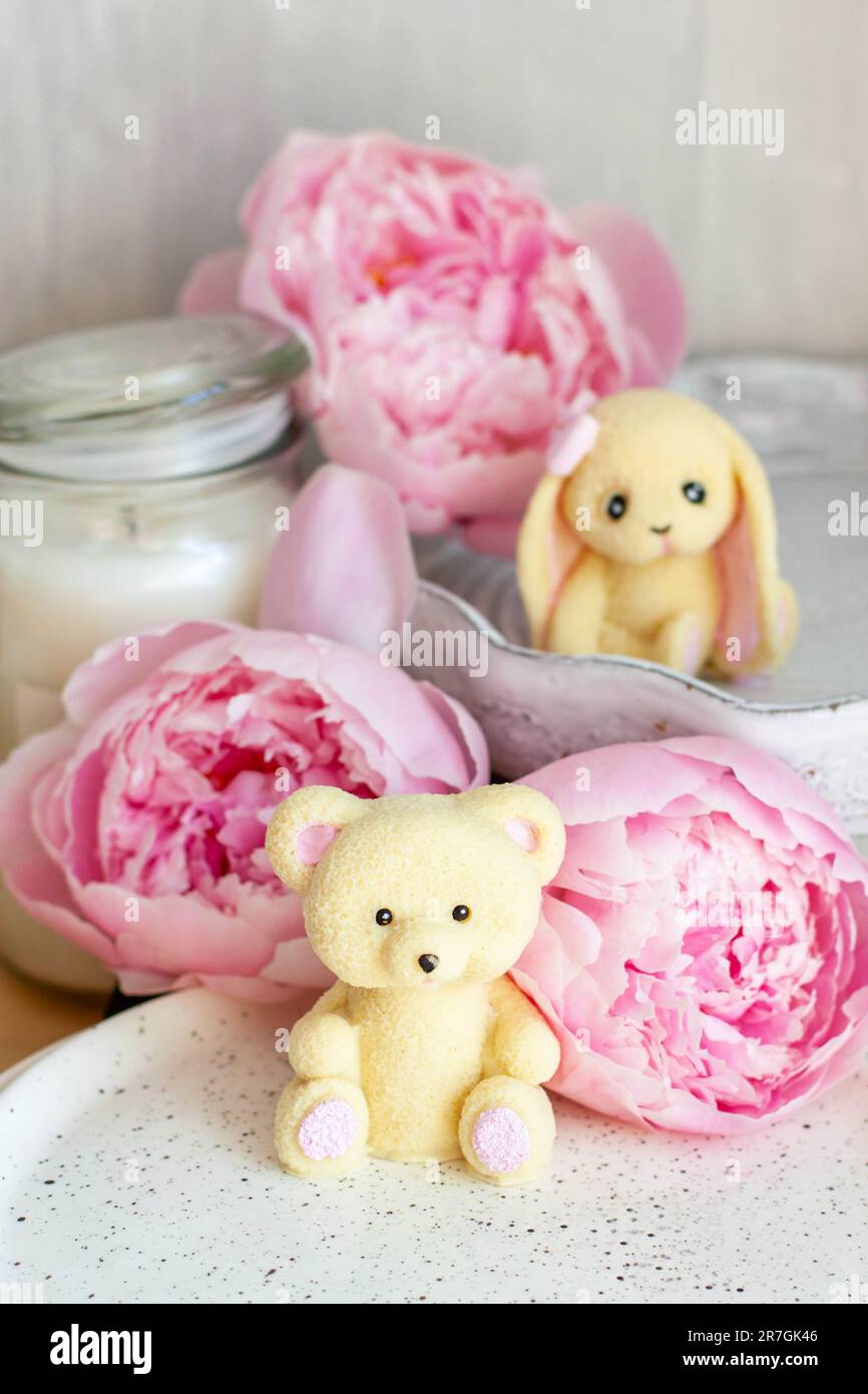Cute edible teddy bear toy made of white chocolate with fresh peonies ...