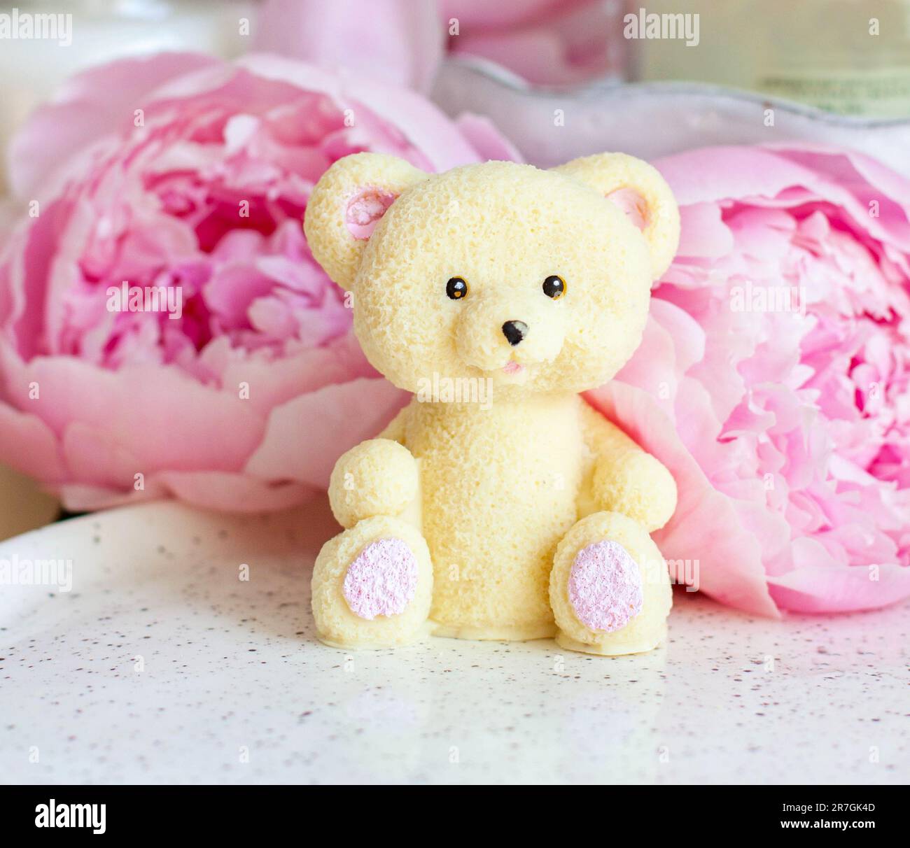 Cute edible teddy bear toy made of white chocolate with fresh peonies ...