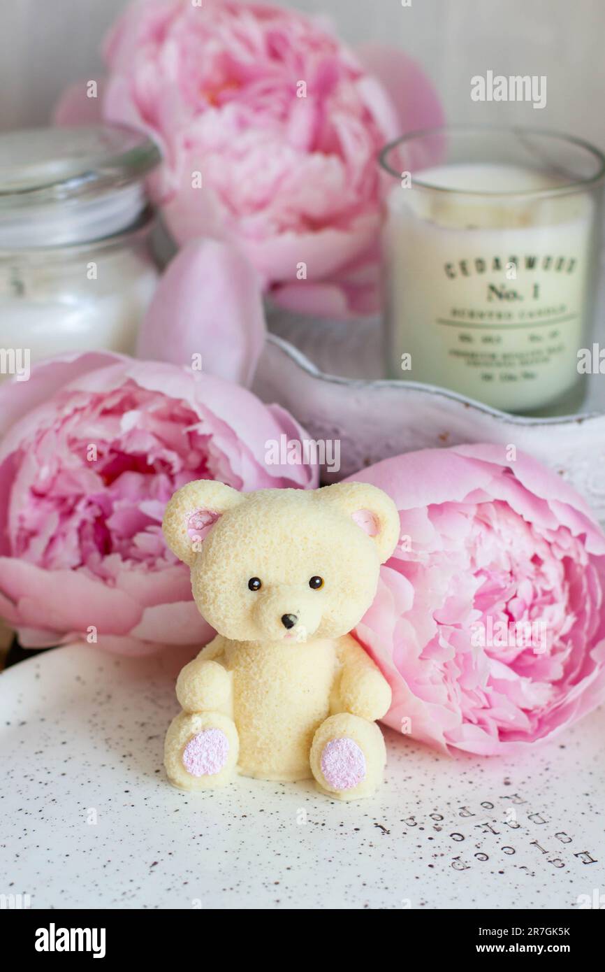 Cute edible teddy bear toy made of white chocolate with fresh peonies ...