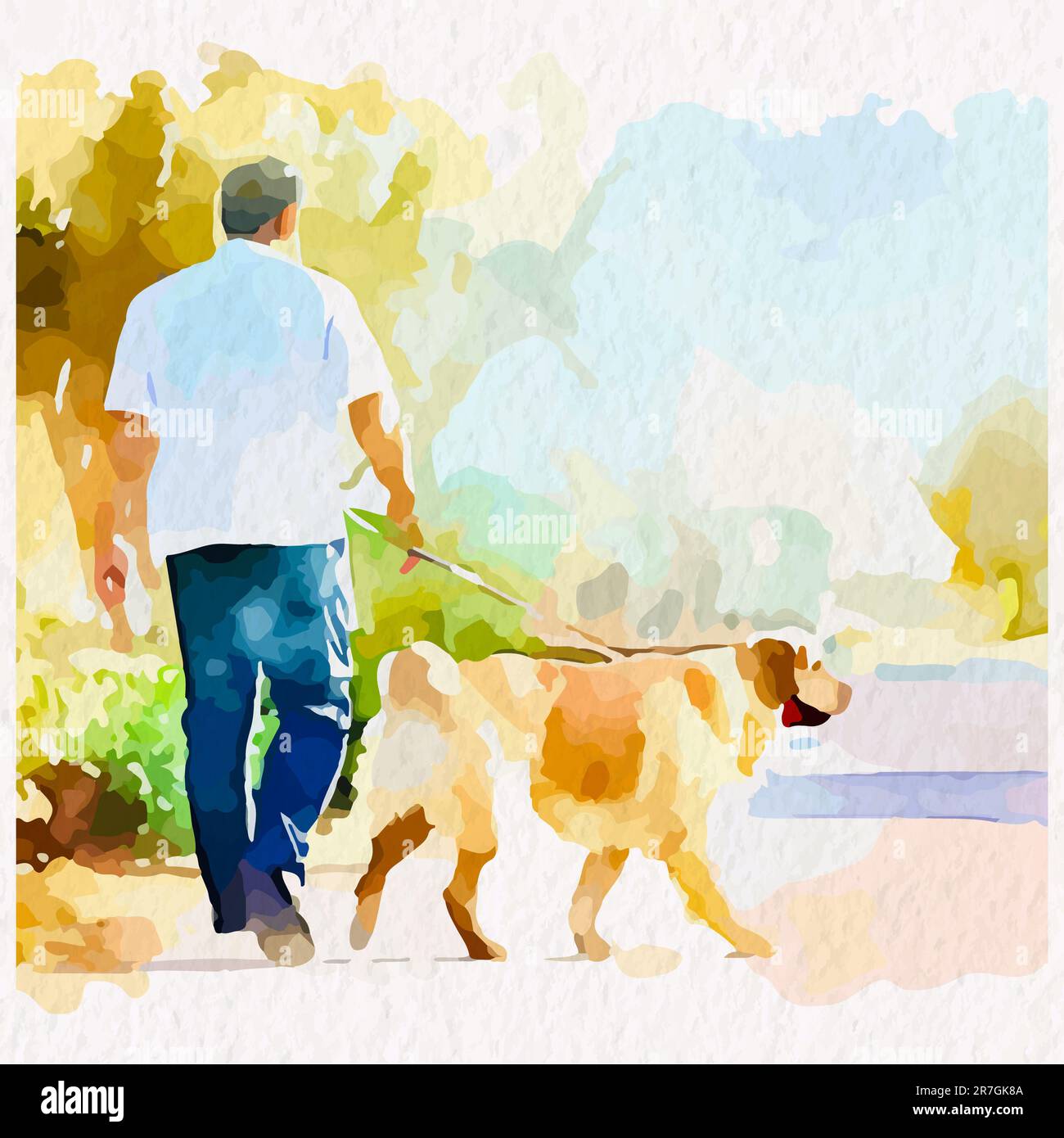 Man taking dog on a walk watercolour illustration Stock Photo - Alamy