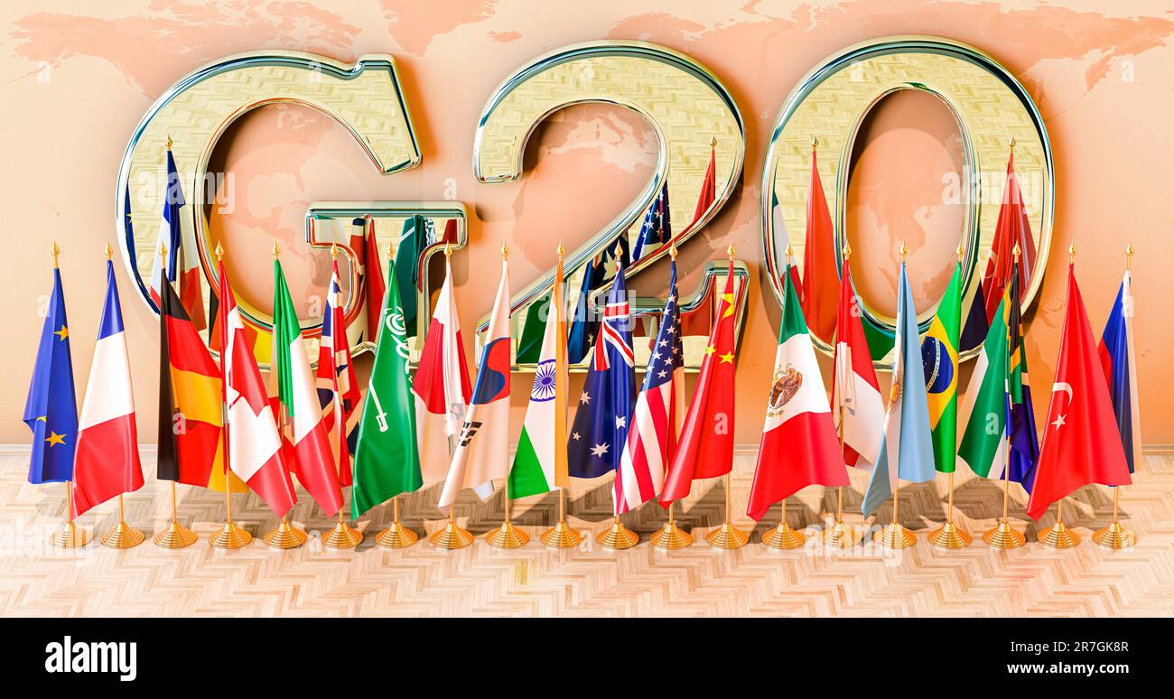G20 meeting concept, flags of all members G20 in room. 3D rendering ...