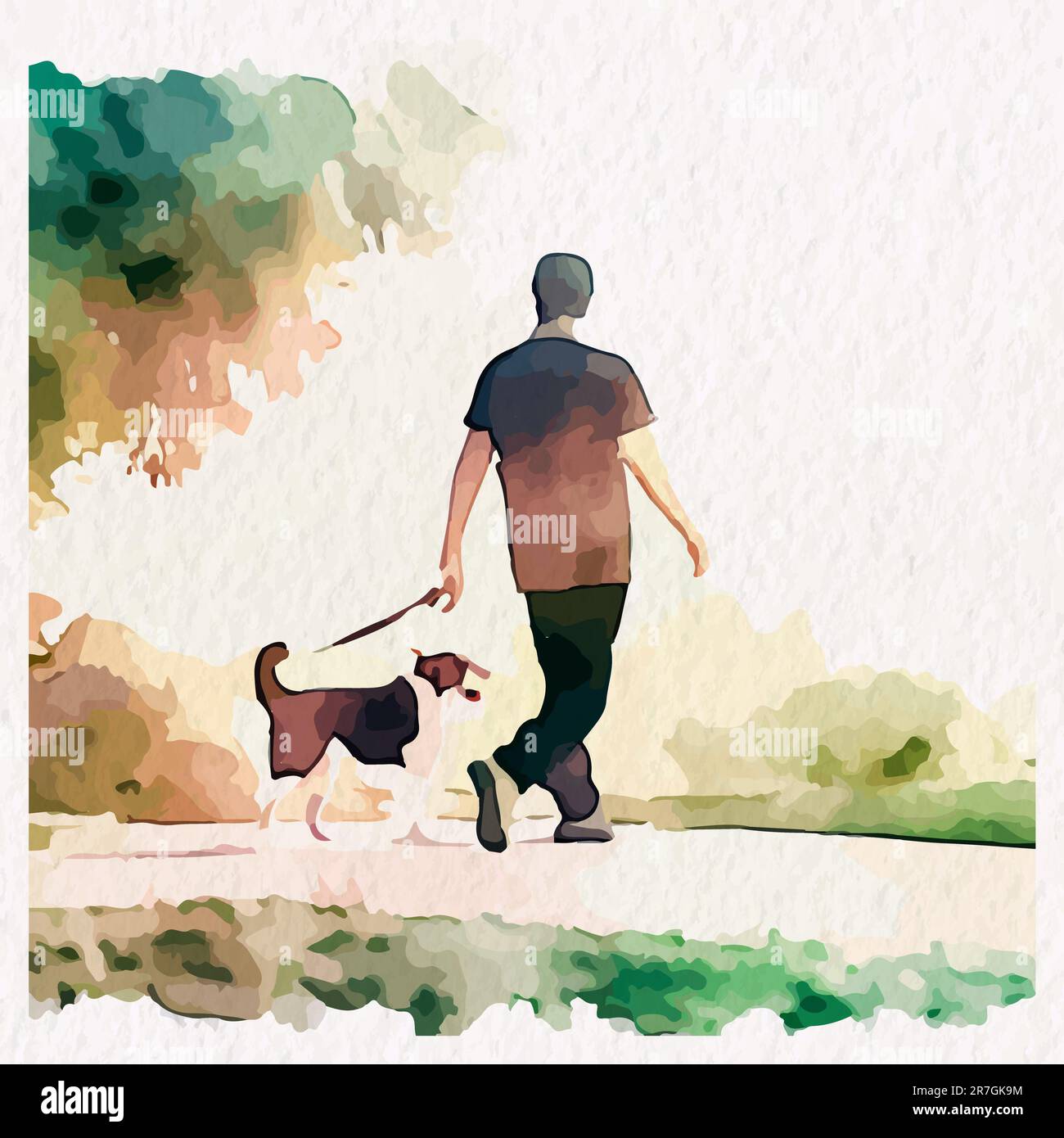 Man taking dog on a walk watercolour illustration Stock Photo - Alamy