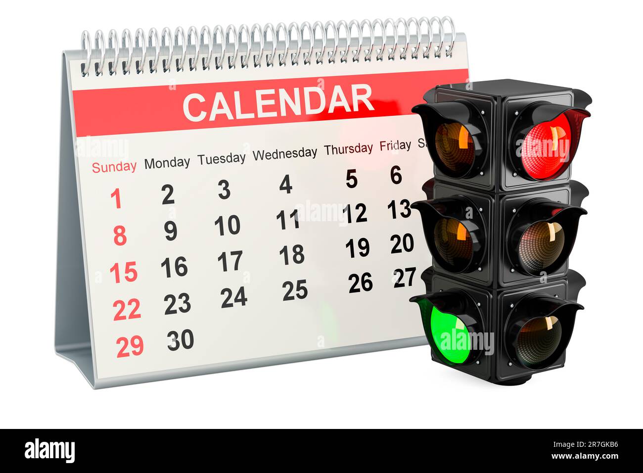 Traffic light with desk calendar, 3D rendering isolated on white ...