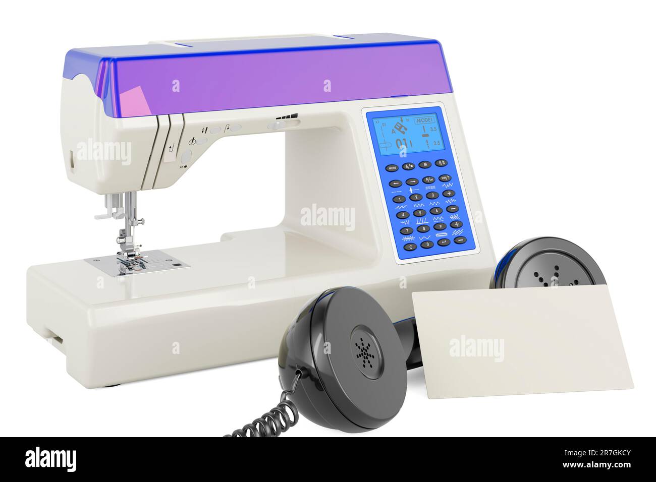 Sewing machine with blank business card and retro phone receiver. 3D ...