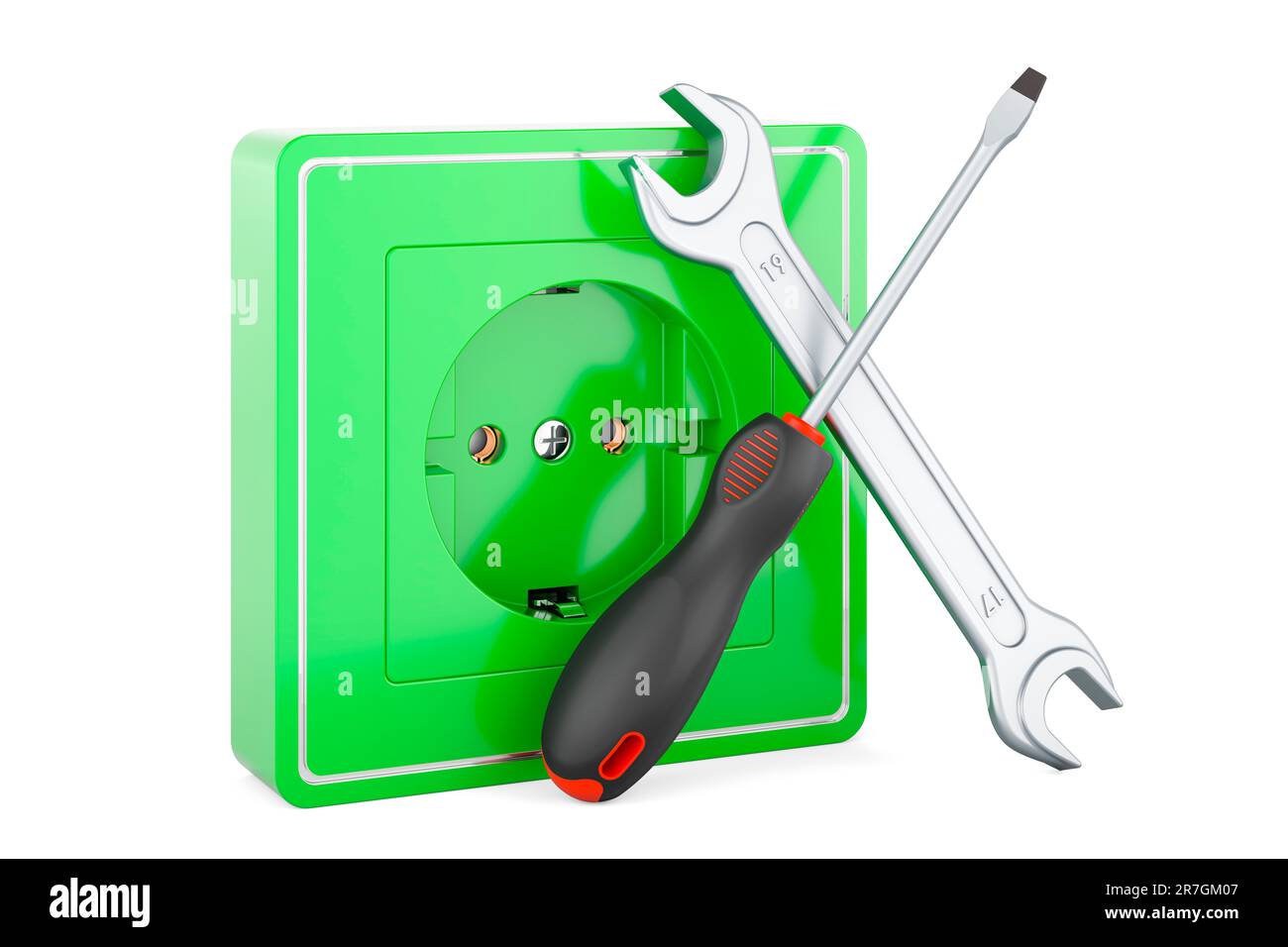 Electrical outlet, socket with screwdriver and wrench. 3D rendering ...