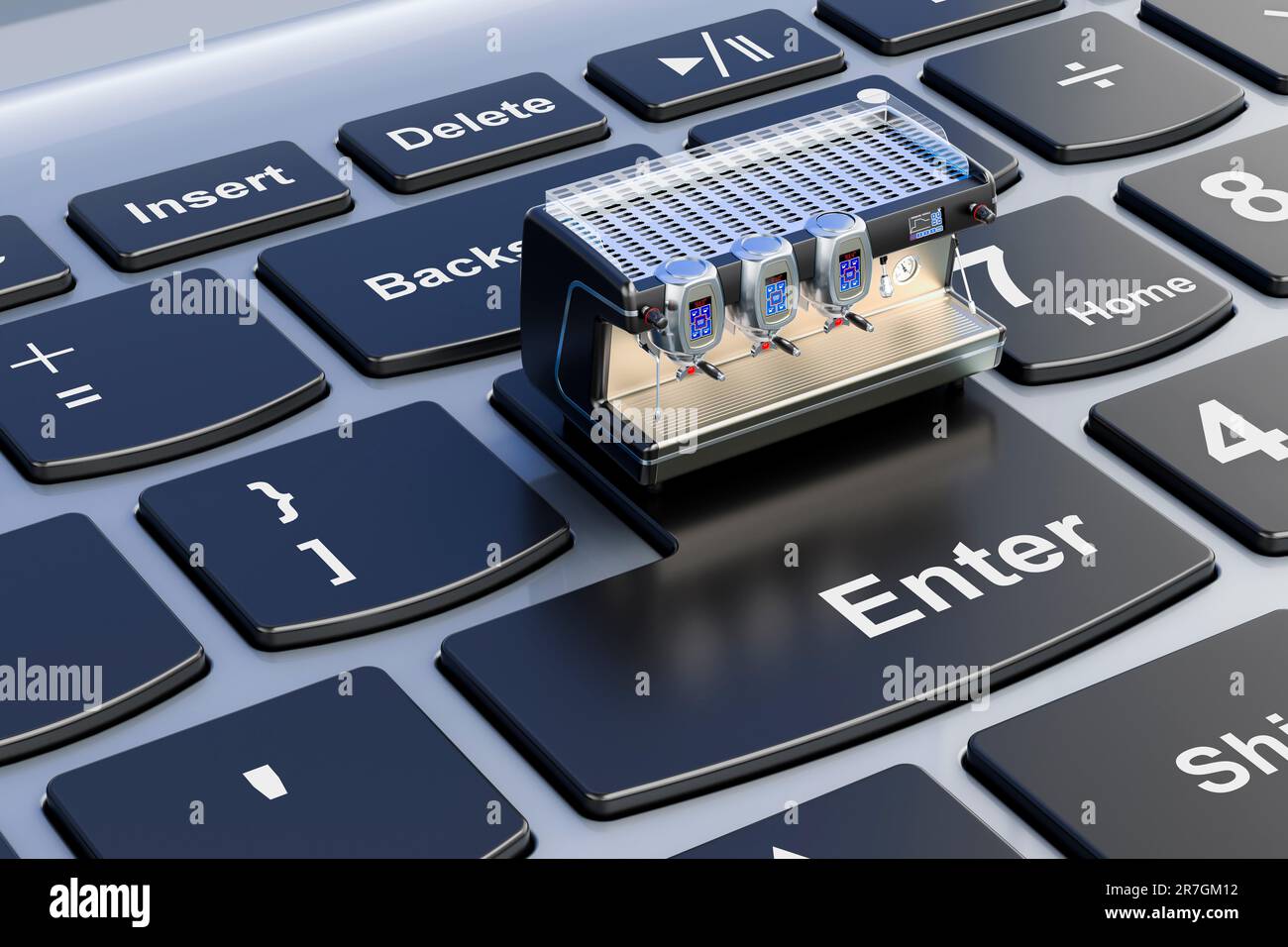 Espresso coffee machine professional on laptop keyboard. 3D rendering ...