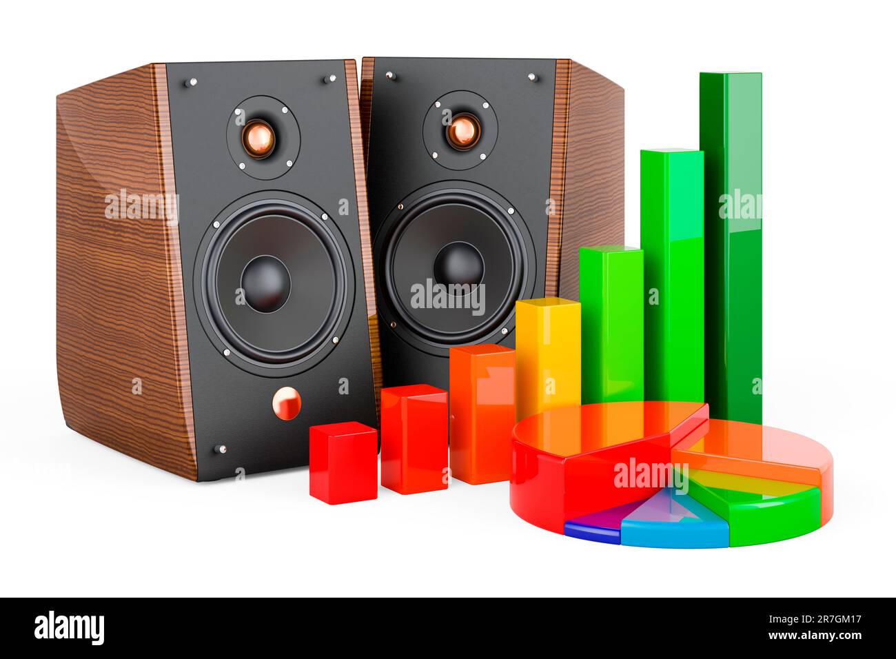 Musical Speakers with growth bar graph and pie chart. 3D rendering ...