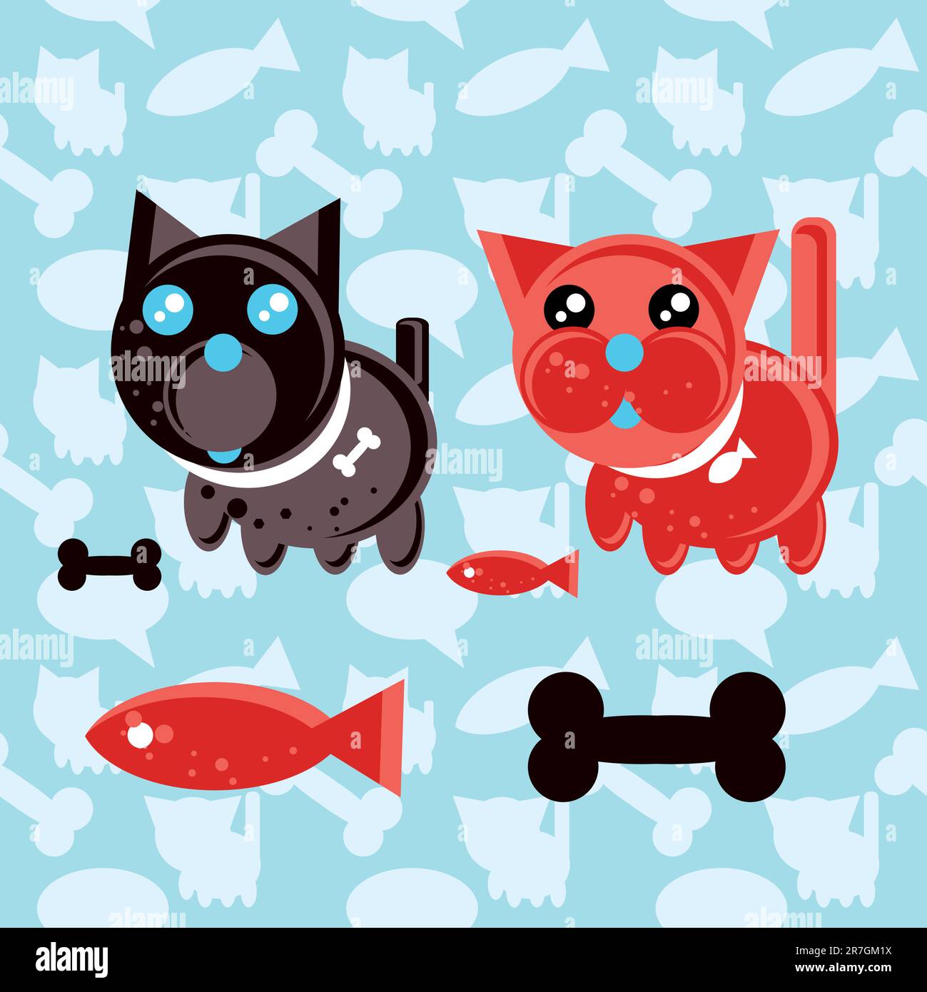 Cartoon Cat and Dog Icons with food symbols (fish, bone) on seamless ...