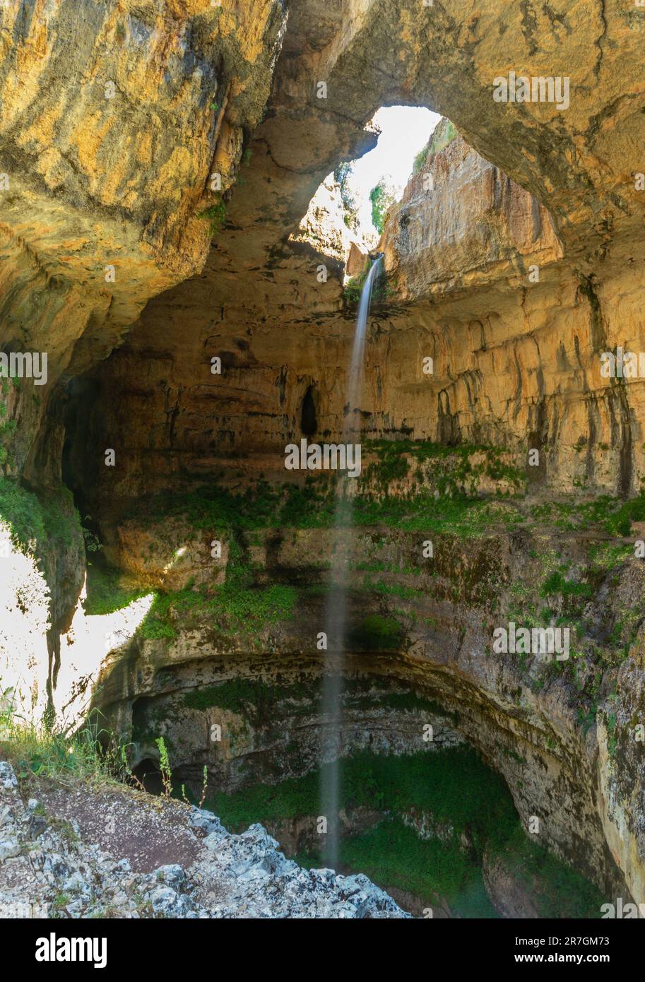 The green Baatara gorge sinkhole or the Cave of the Three Bridges with ...