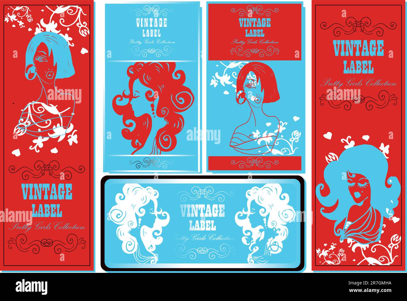 set of fake paper labels retro vintage woman flower nature beauty Stock ...
