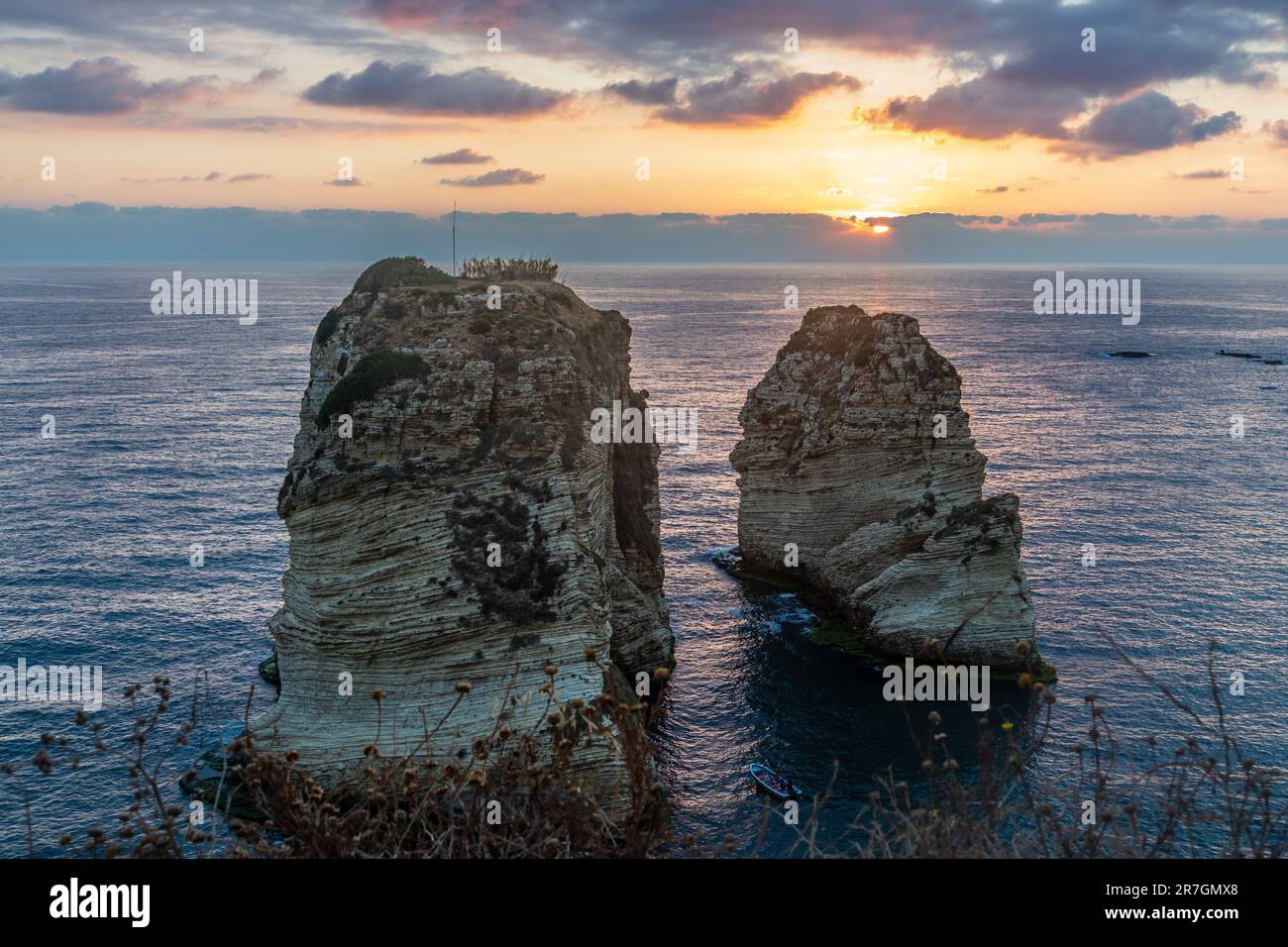 Raouche or pigeons rocks sea panorama in a sunset time, Beirut, Lebanon ...