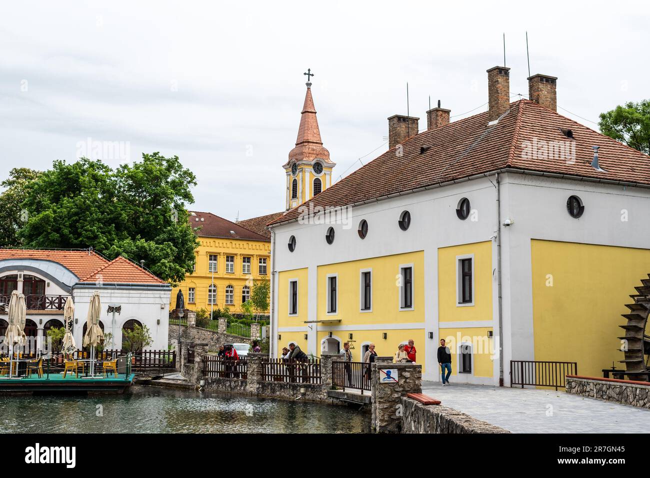 The cozy center of the small Hungarian town of Tapolca with old houses ...