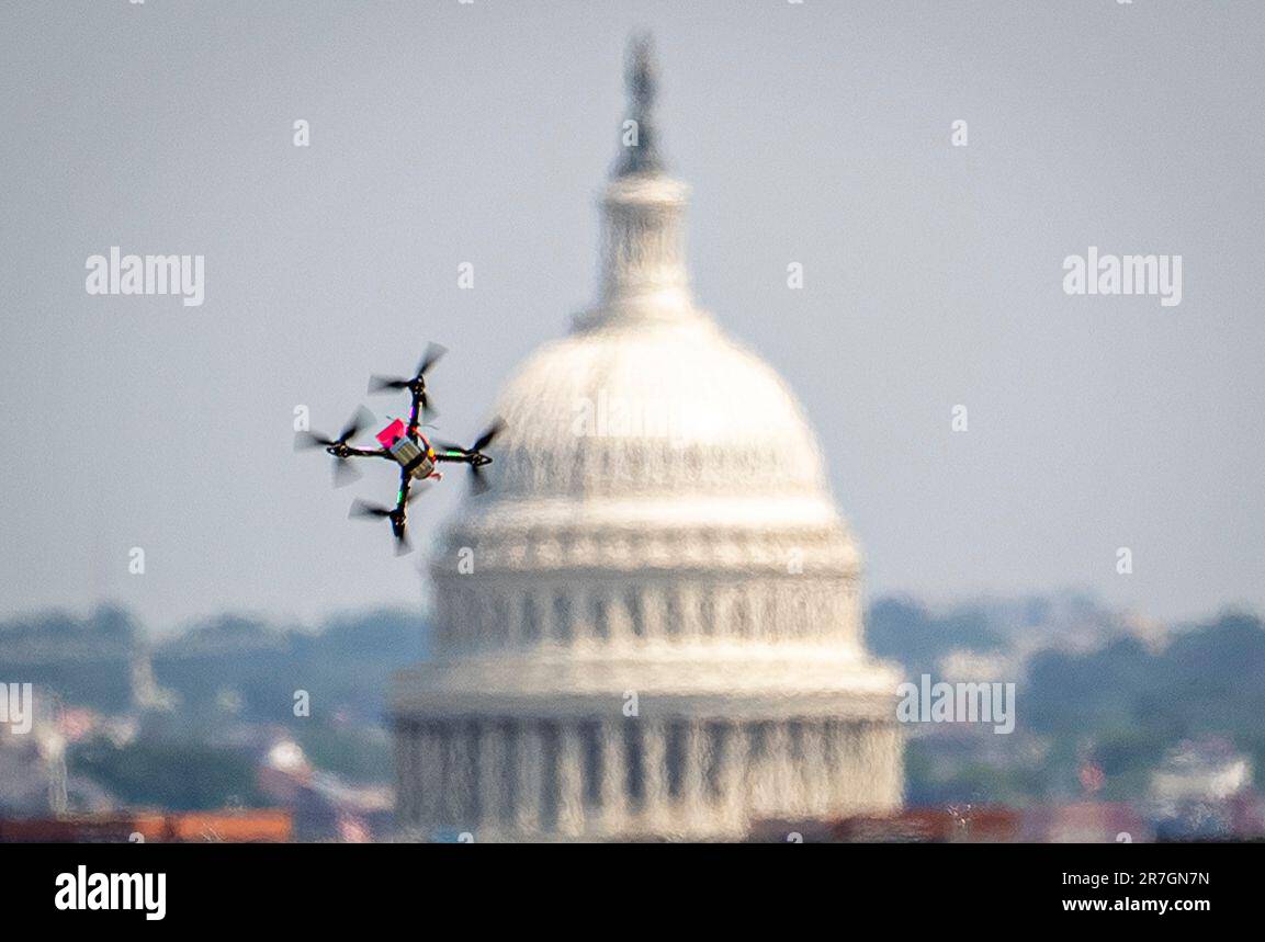 The Dome of the U.S. Capitol Building is visible as a racing drone ...