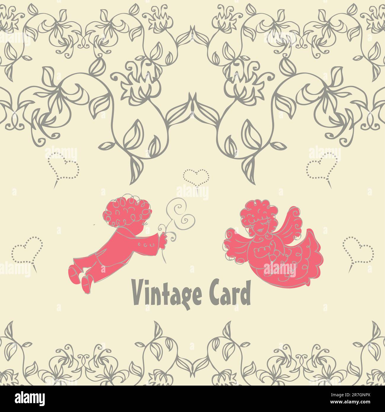 Vintage vector illustration with couple angels in love floral Stock ...