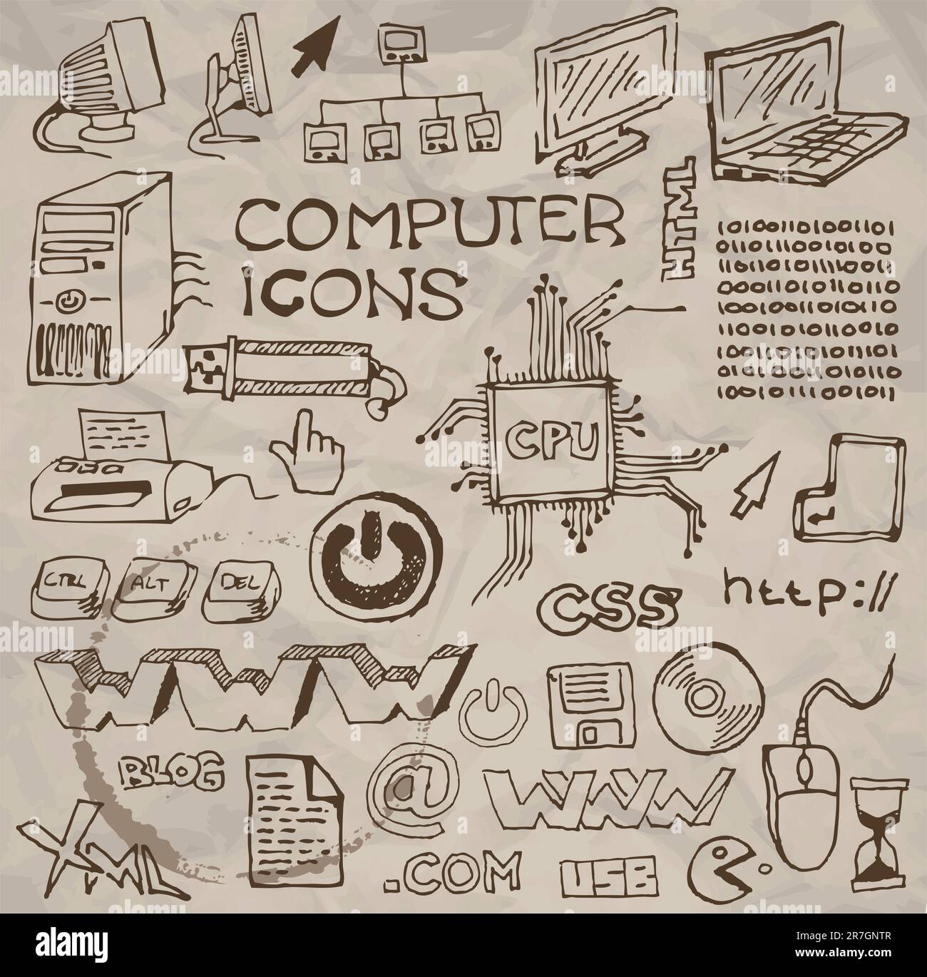Set of hand-drawn computer icons on crumpled paper (vector Stock Vector ...