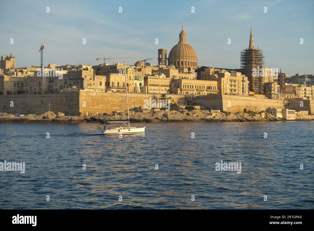 sail boat and Valletta city skyline with impressive dome of Carmelite ...