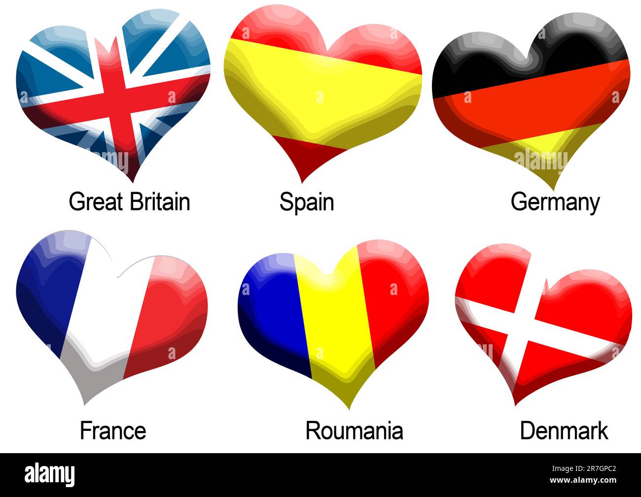 Buttons flag heart shape of Great Britain,Germany, Spain, France ...
