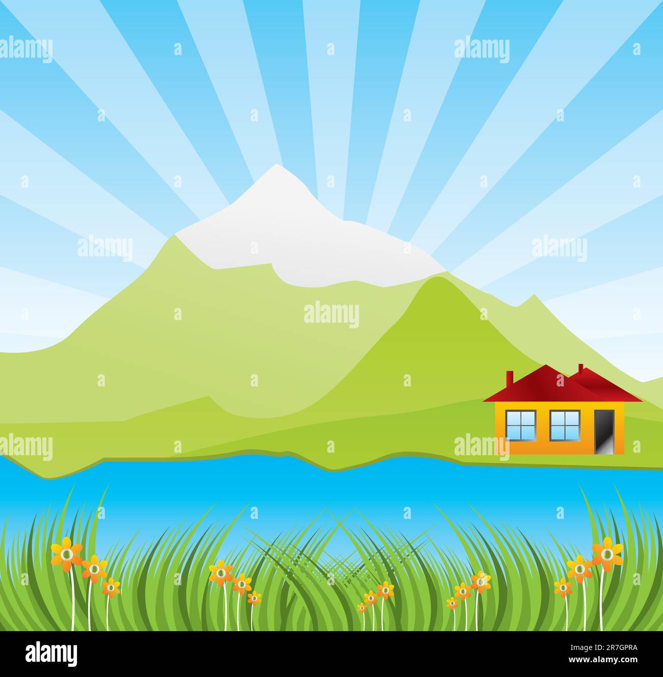 Spring sunny landscape with river - vector illustration Stock Vector ...