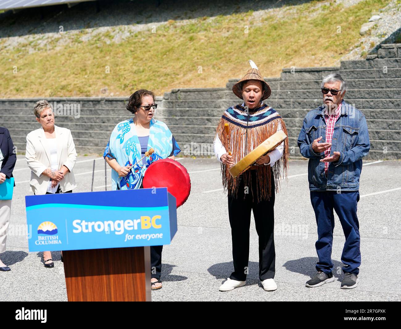 BC Premiere David Eby and others in North Vancouver at Səlilwətaɬ ...