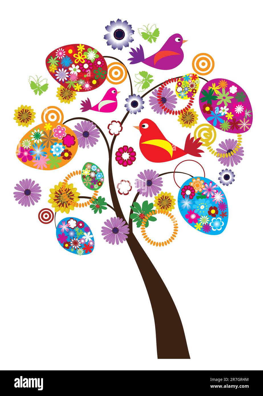 vector illustration of easter tree with floral eggs, birds and ...