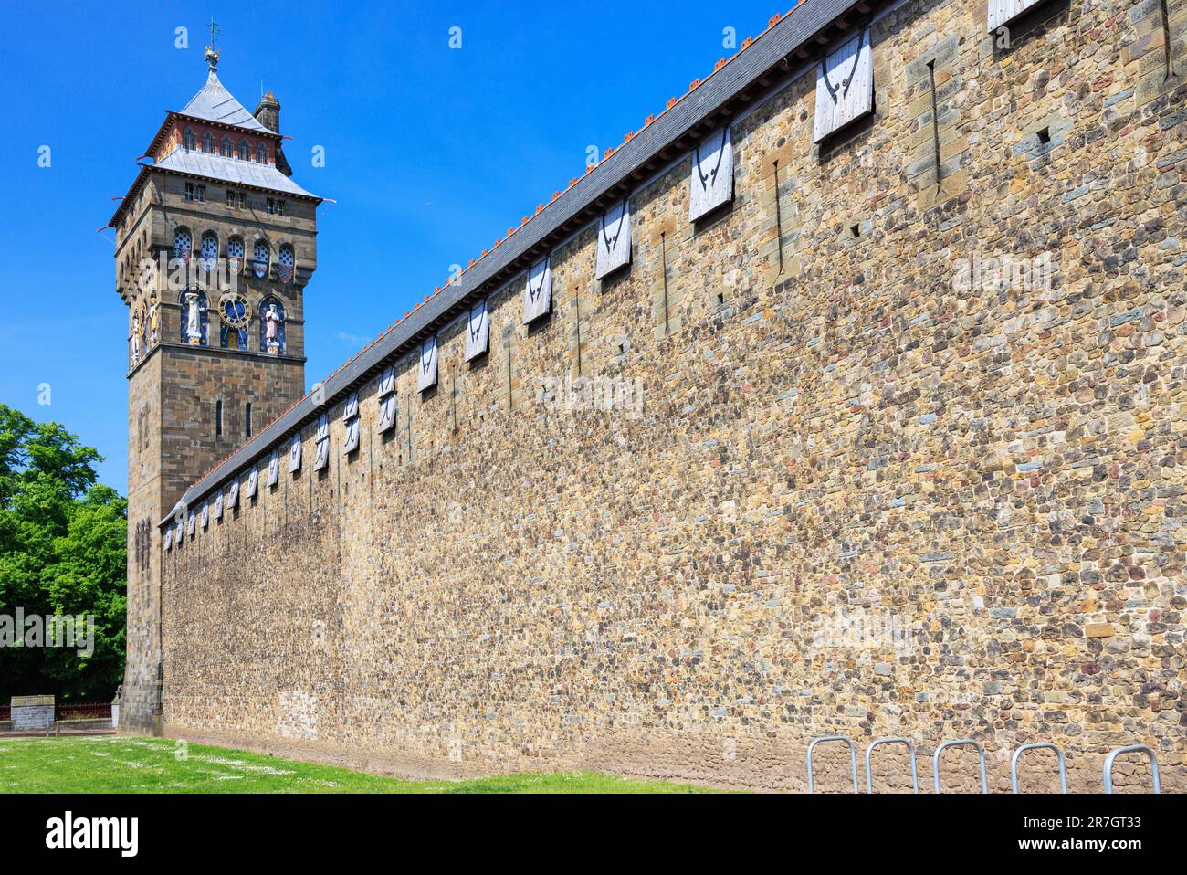 Cardiff castle clock tower and South wall, Wales, UK Stock Photo - Alamy