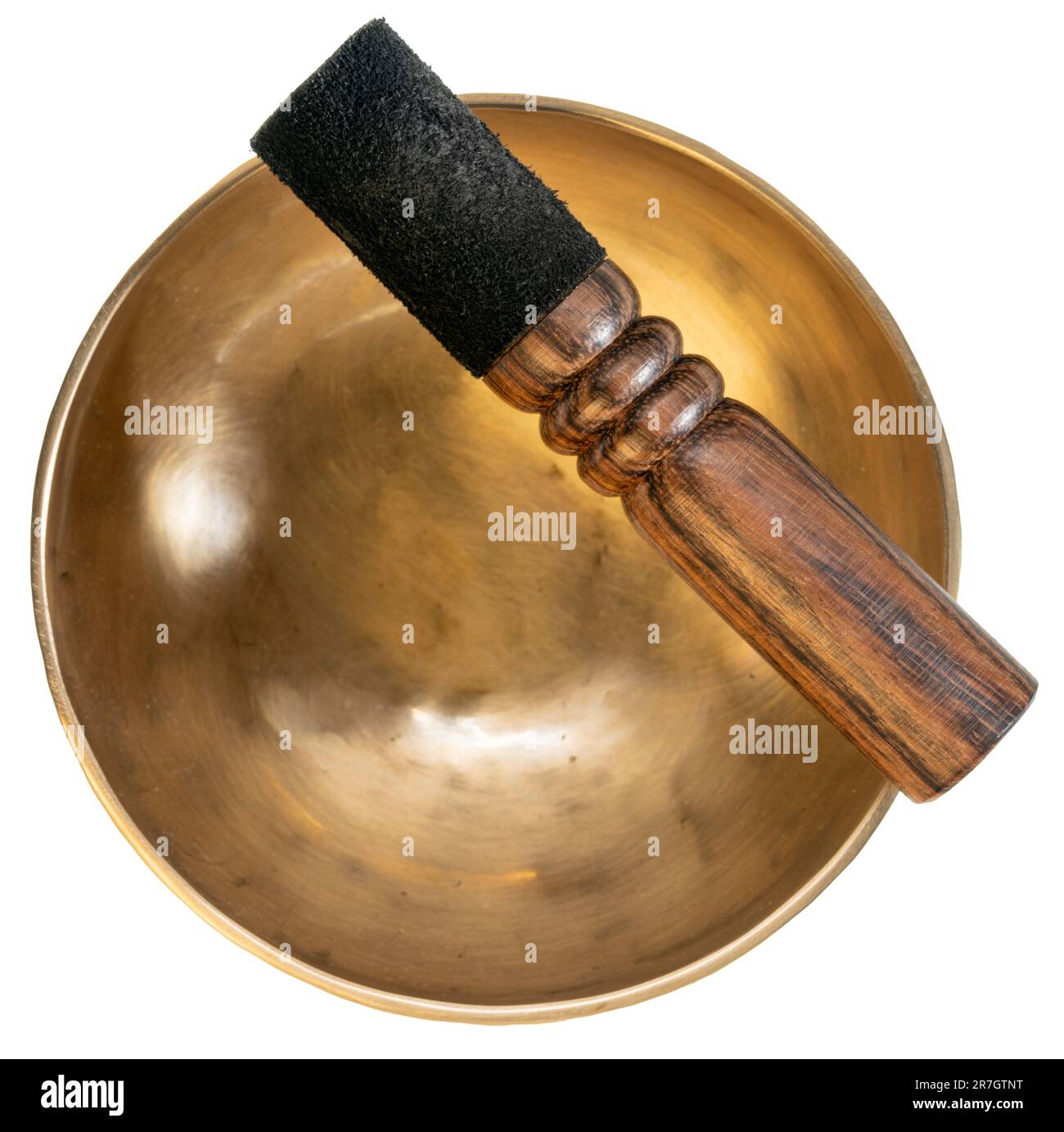 handmade tibetan singing bowl with a mallet isolated on white, sound ...