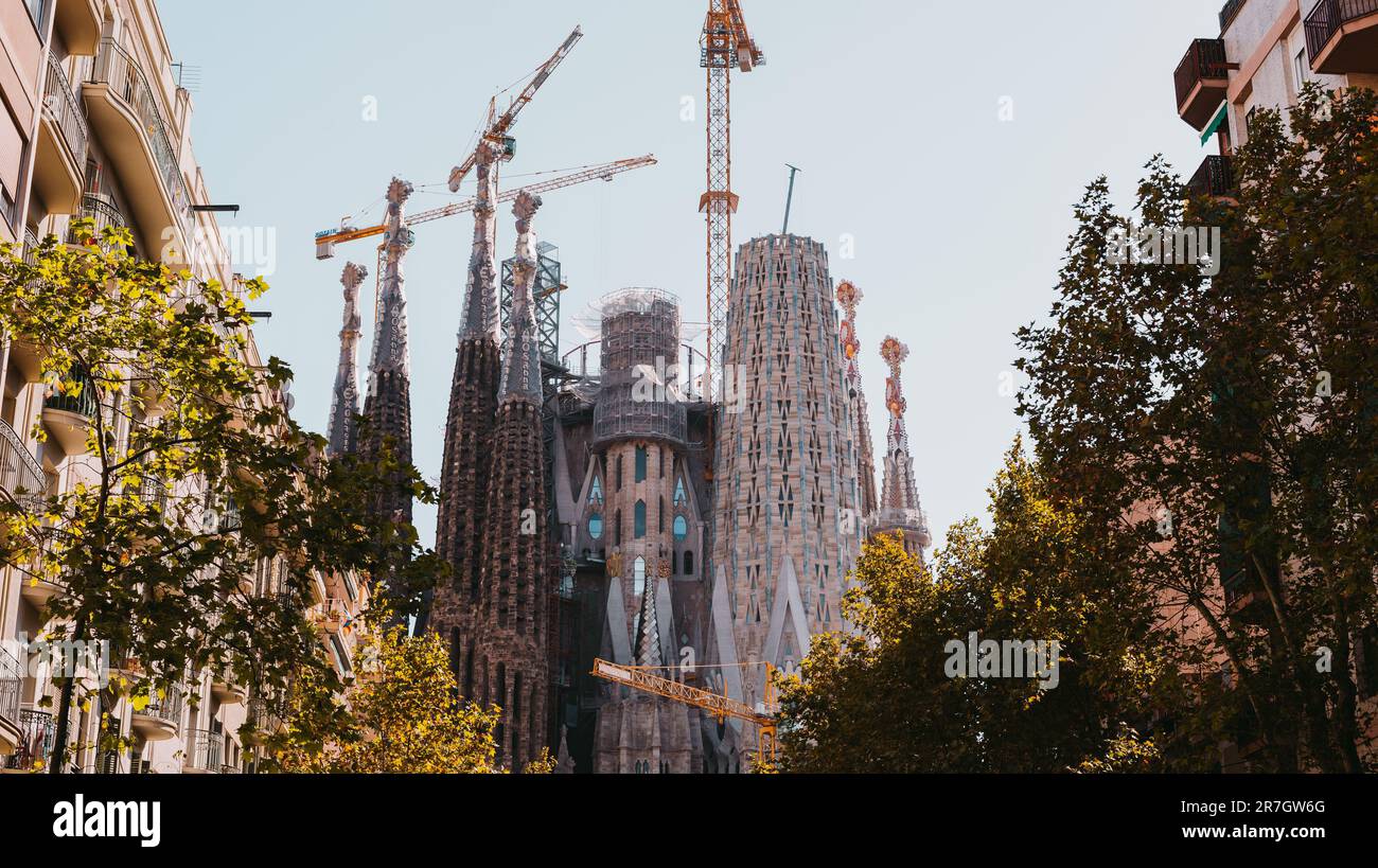 A construction site with cranes in operation, building a row of modern ...
