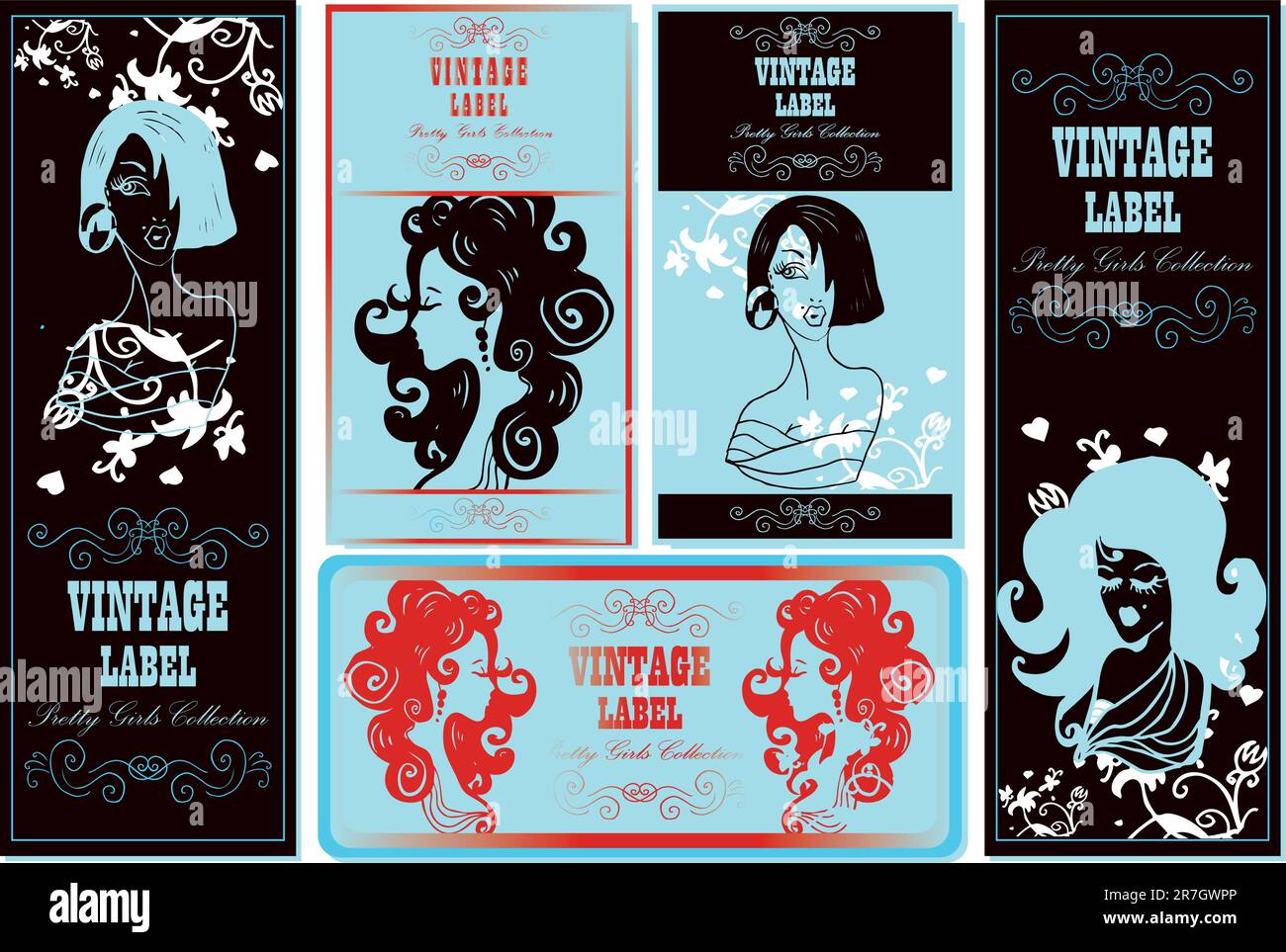 set of fake paper labels retro vintage woman flower nature beauty Stock ...