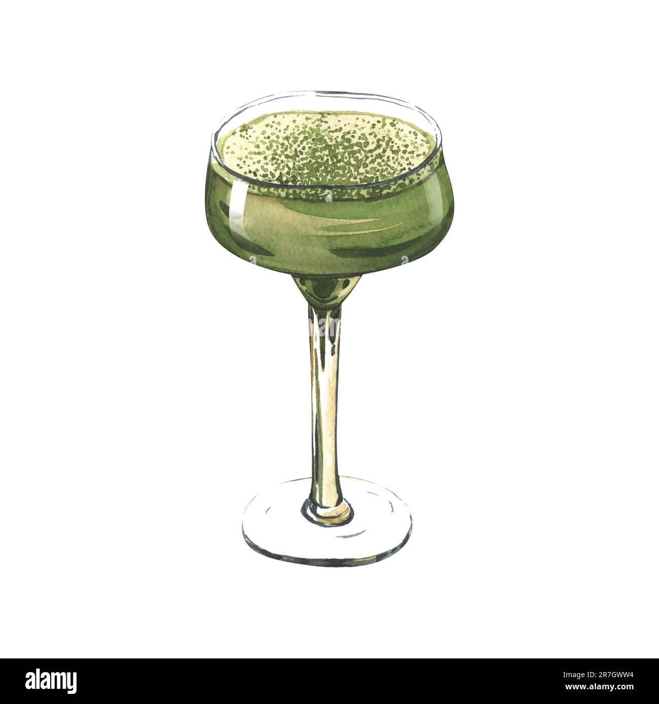 Watercolor green matcha martini, mixed with ice cube in latte glass ...