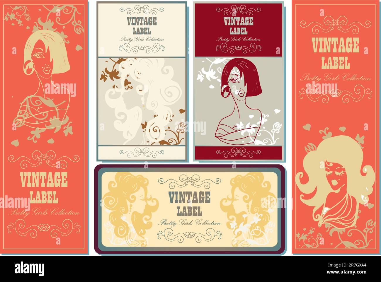set of fake paper labels retro vintage woman flower nature beauty Stock ...
