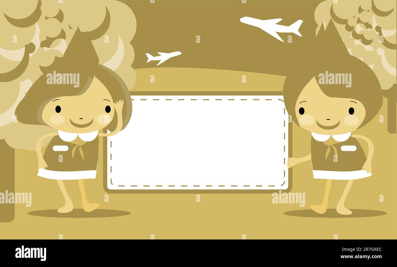 vector illustration of a stewardess frame colorful banners with kids ...