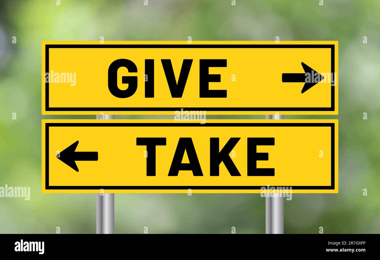 Give or take road sign on blur background Stock Photo - Alamy