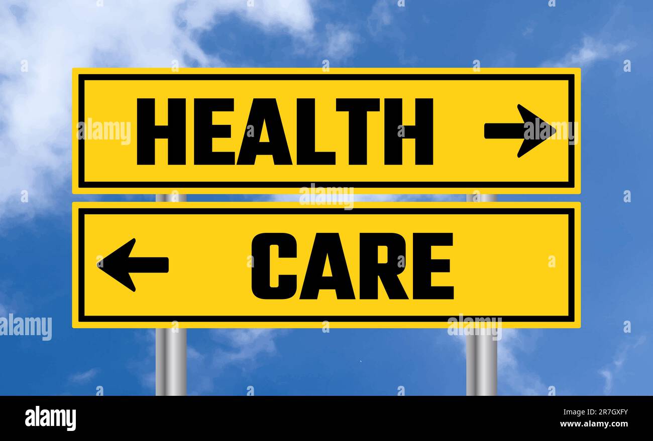 Health or care road sign on sky background Stock Photo - Alamy