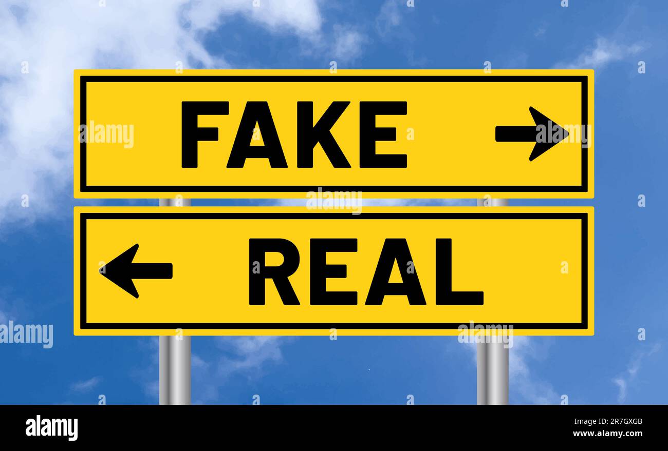 Fake or real road sign on blue sky background Stock Photo - Alamy