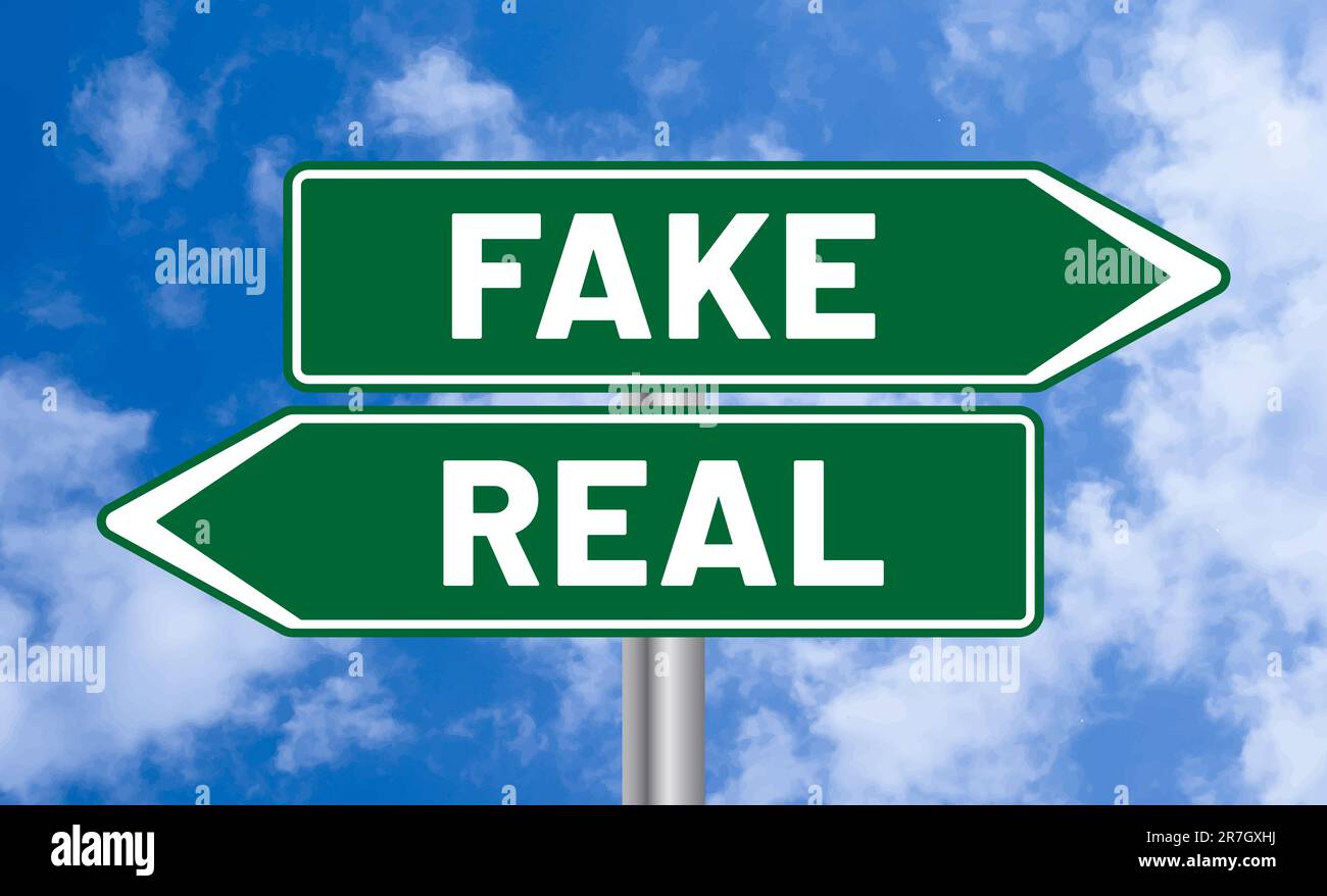 Fake or real road sign on blue sky background Stock Photo - Alamy