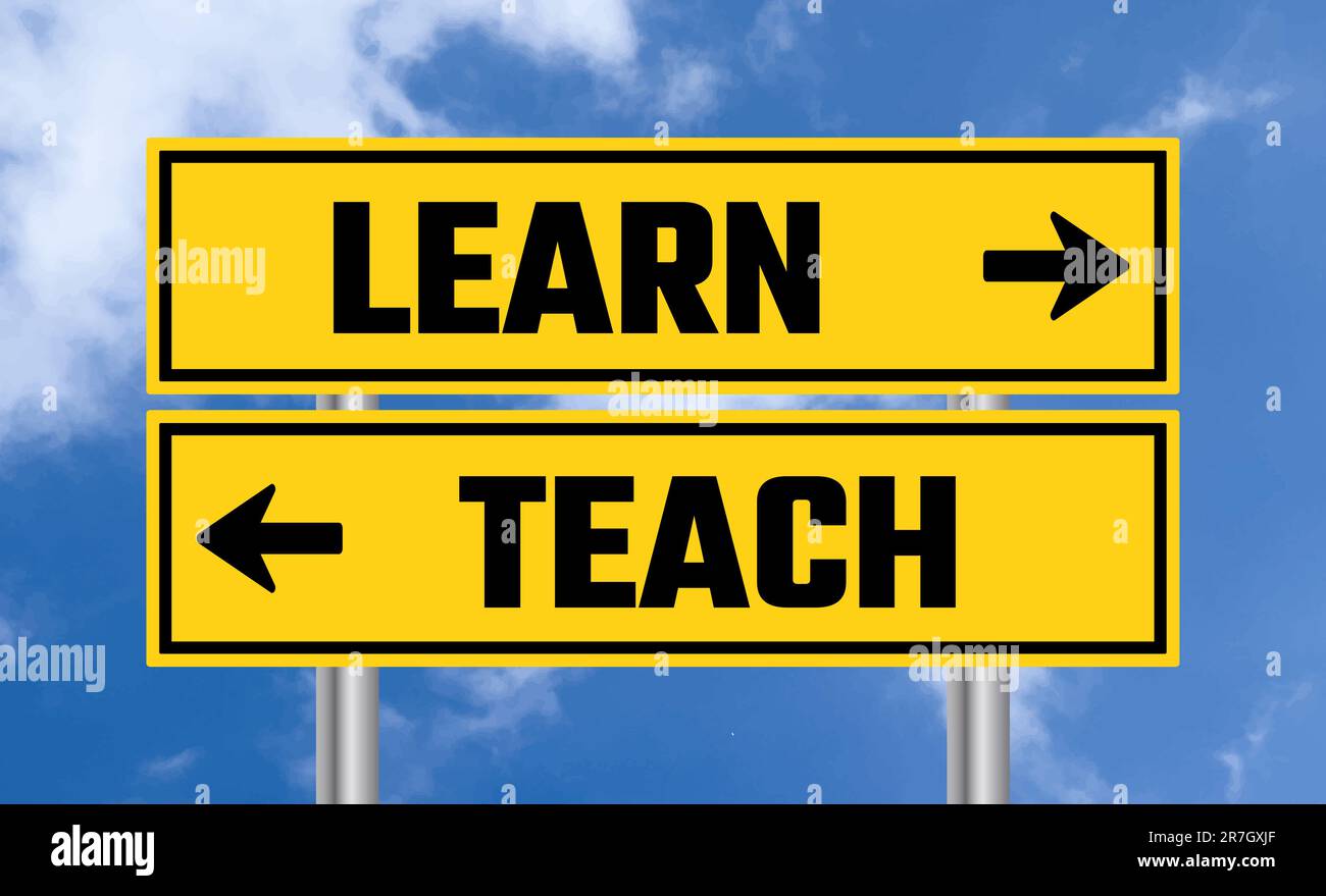 Learn or teach road sign on cloudy sky background Stock Photo - Alamy