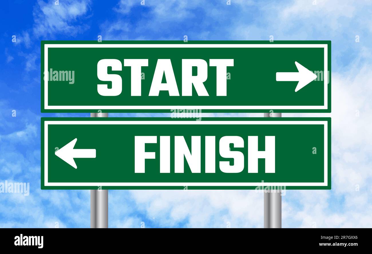 Start or finish road sign on sky background Stock Photo - Alamy