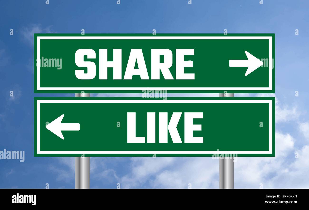 Share or like road sign on sky background Stock Photo - Alamy