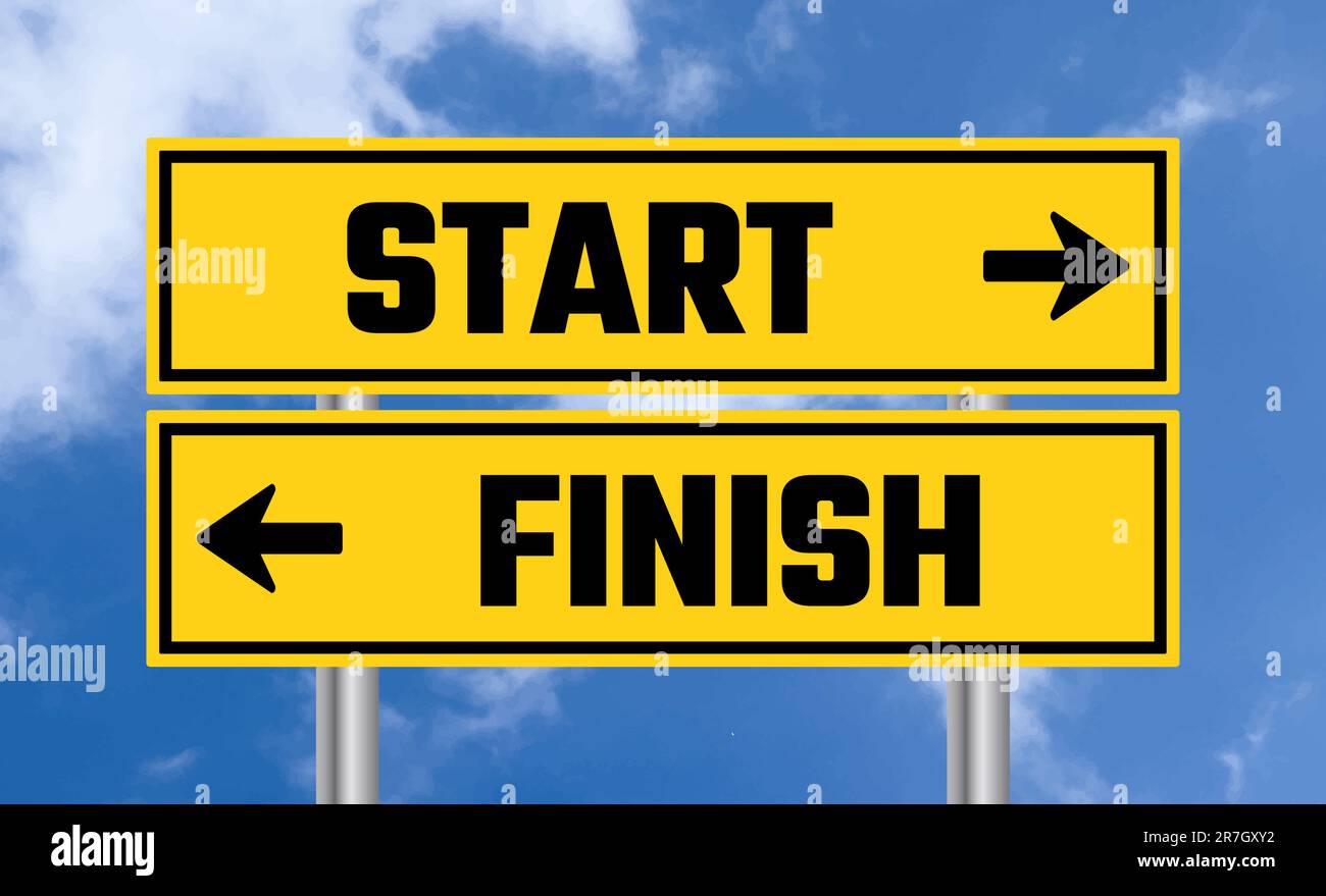 Start or finish road sign on sky background Stock Photo - Alamy