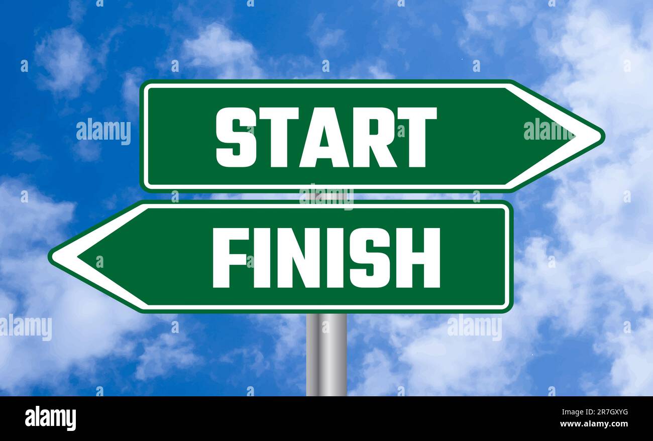 Start or finish road sign on sky background Stock Photo - Alamy