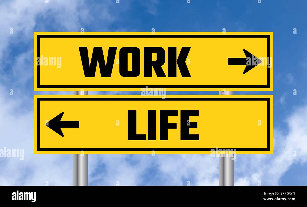 Work or life road sign on sky background Stock Photo - Alamy