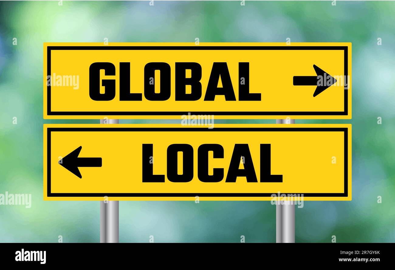 Global or local road sign on blur background Stock Photo - Alamy