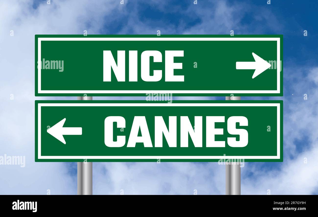 Nice or cannes road sign on sky background Stock Photo - Alamy