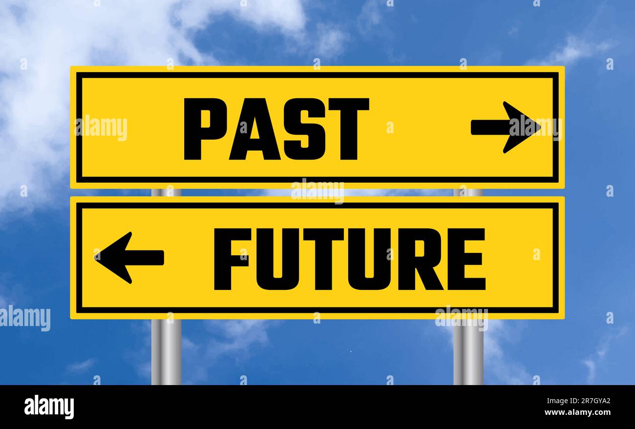 Past or future road sign on blue sky background Stock Photo - Alamy